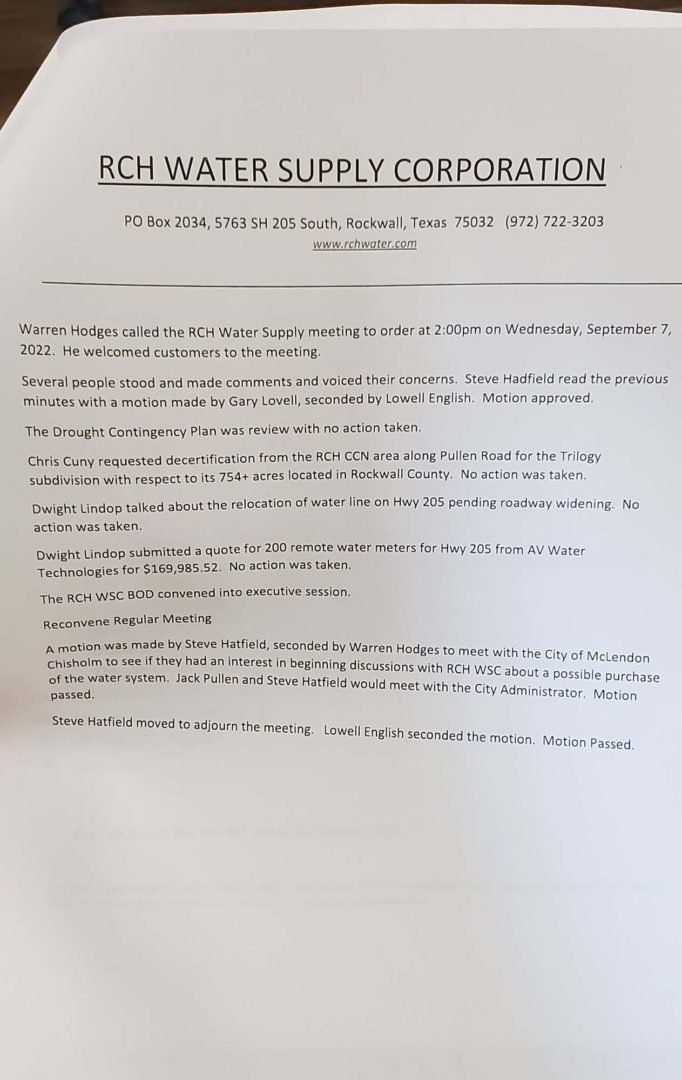 RCH Water Supply In Favor of City Transfer and Financial Details ...
